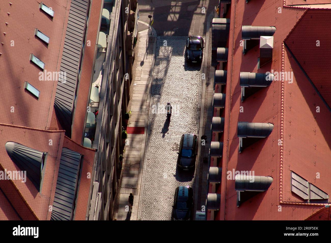 Aerial view into a city center backstreet, Leipig, Saxony, Germany ...