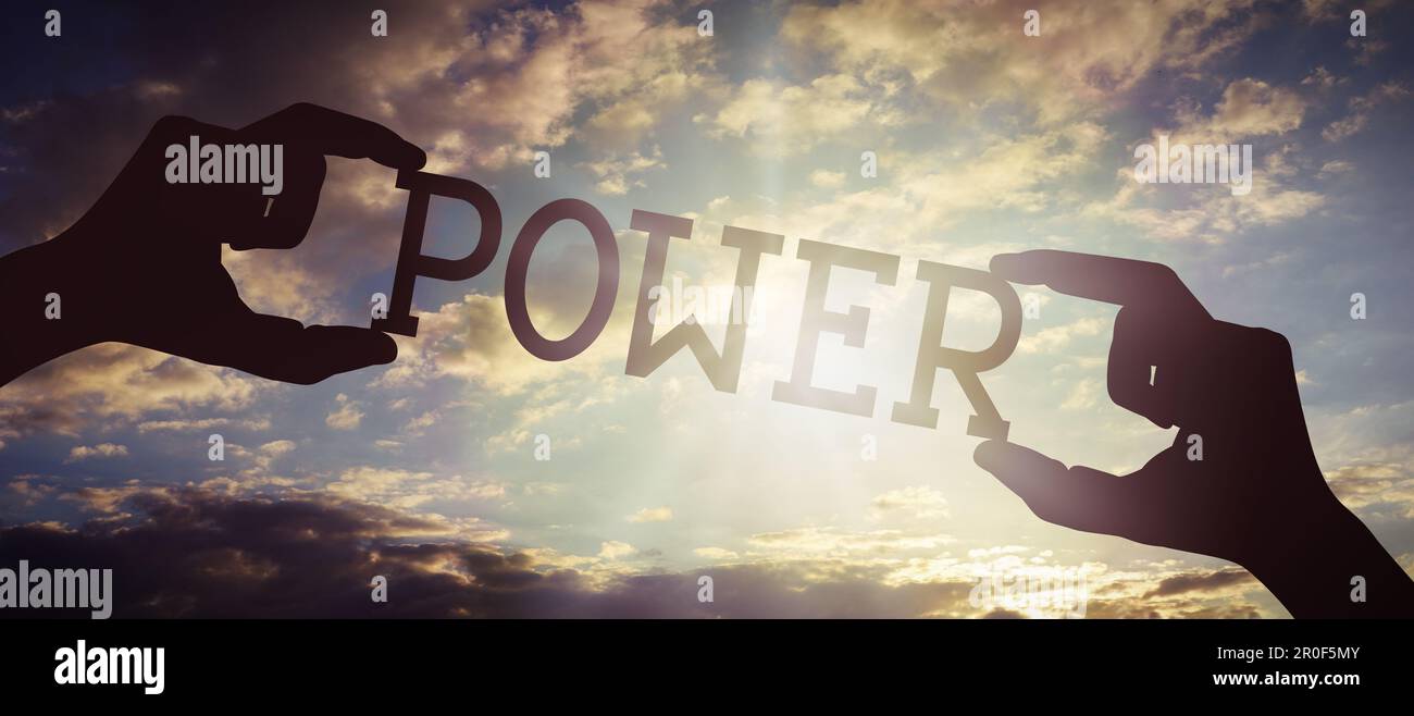 Power - human hands holding black silhouette word Stock Photo - Alamy