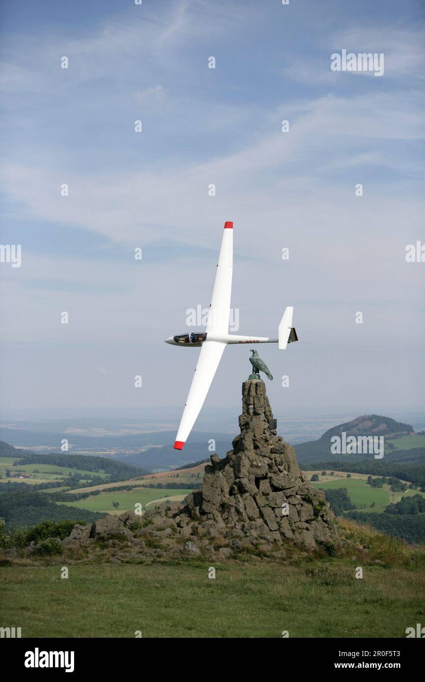 Glider Airplane behind Aviator Monument, Wasserkuppe Mountain, Rhoen ...