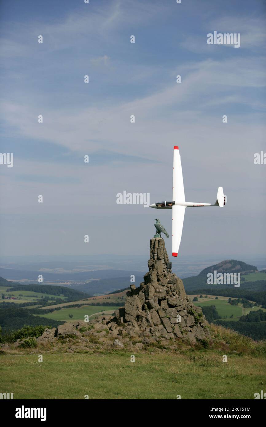 Glider Airplane behind Aviator Monument, Wasserkuppe Mountain, Rhoen ...