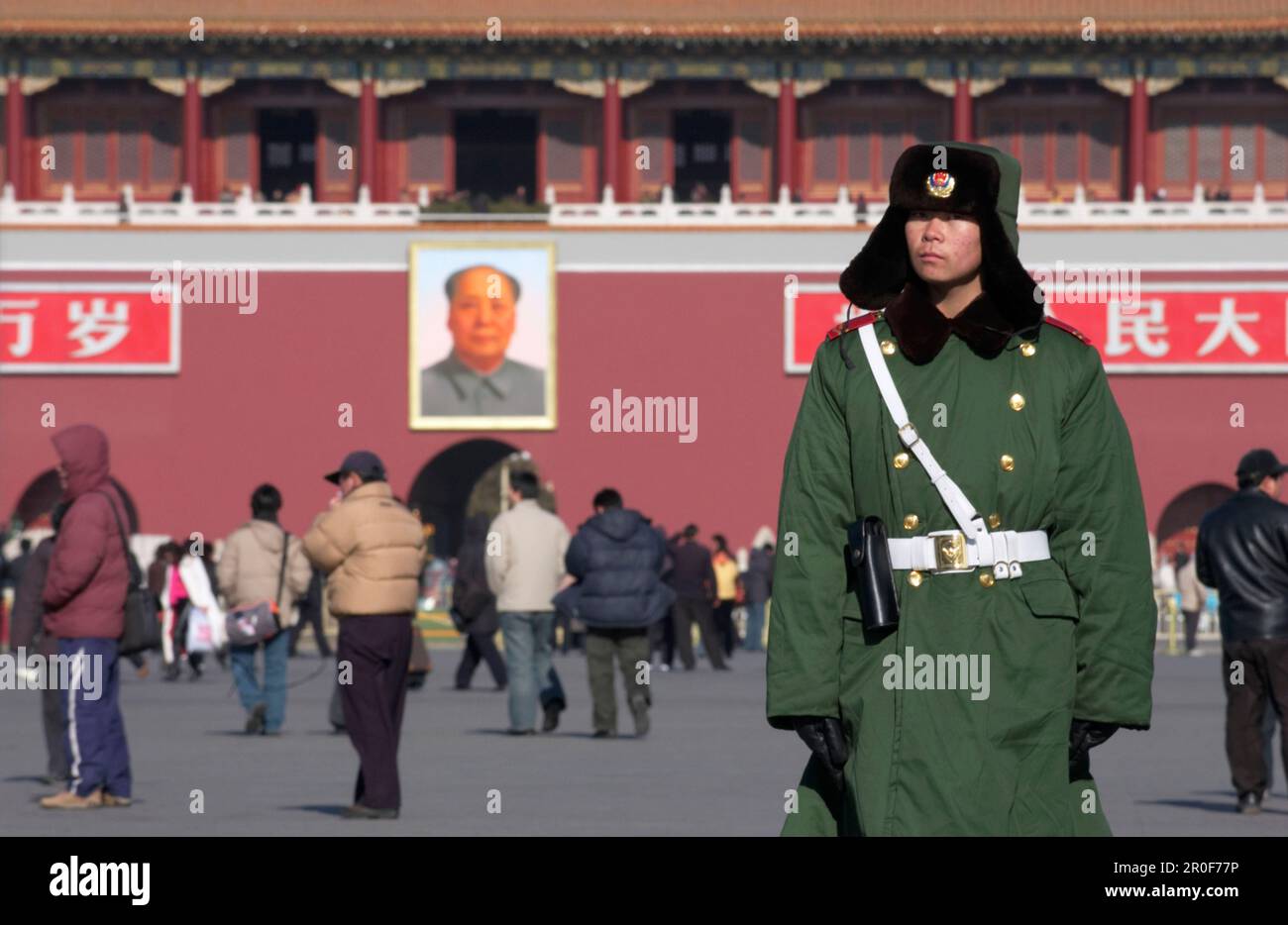 Young Chinese Guard Soldier on Tiananmen-Square, Picture of Mao-Tsetung ...