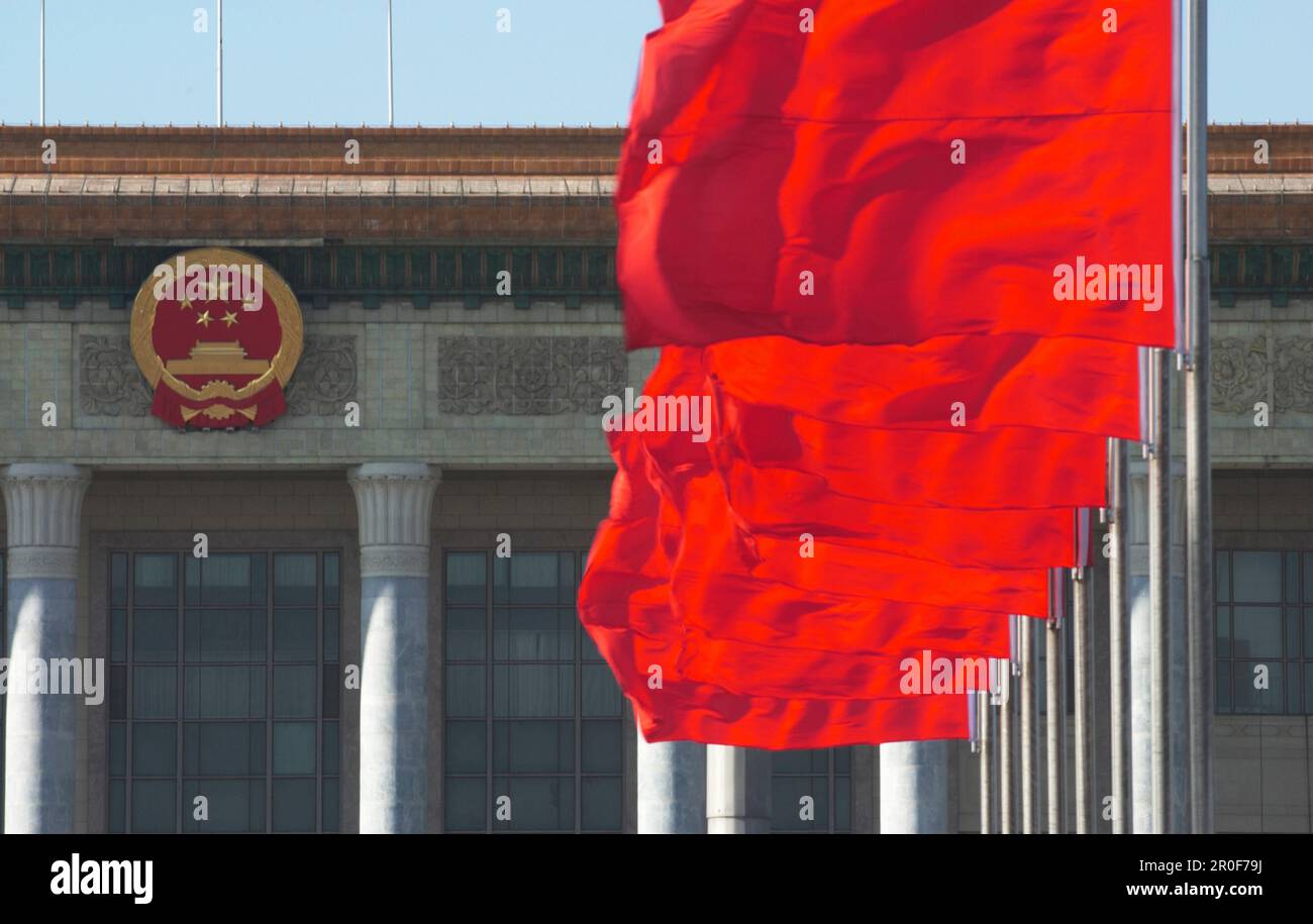 Red Flags on Beijing's Tiananmen Square facing Great People's Hall ...