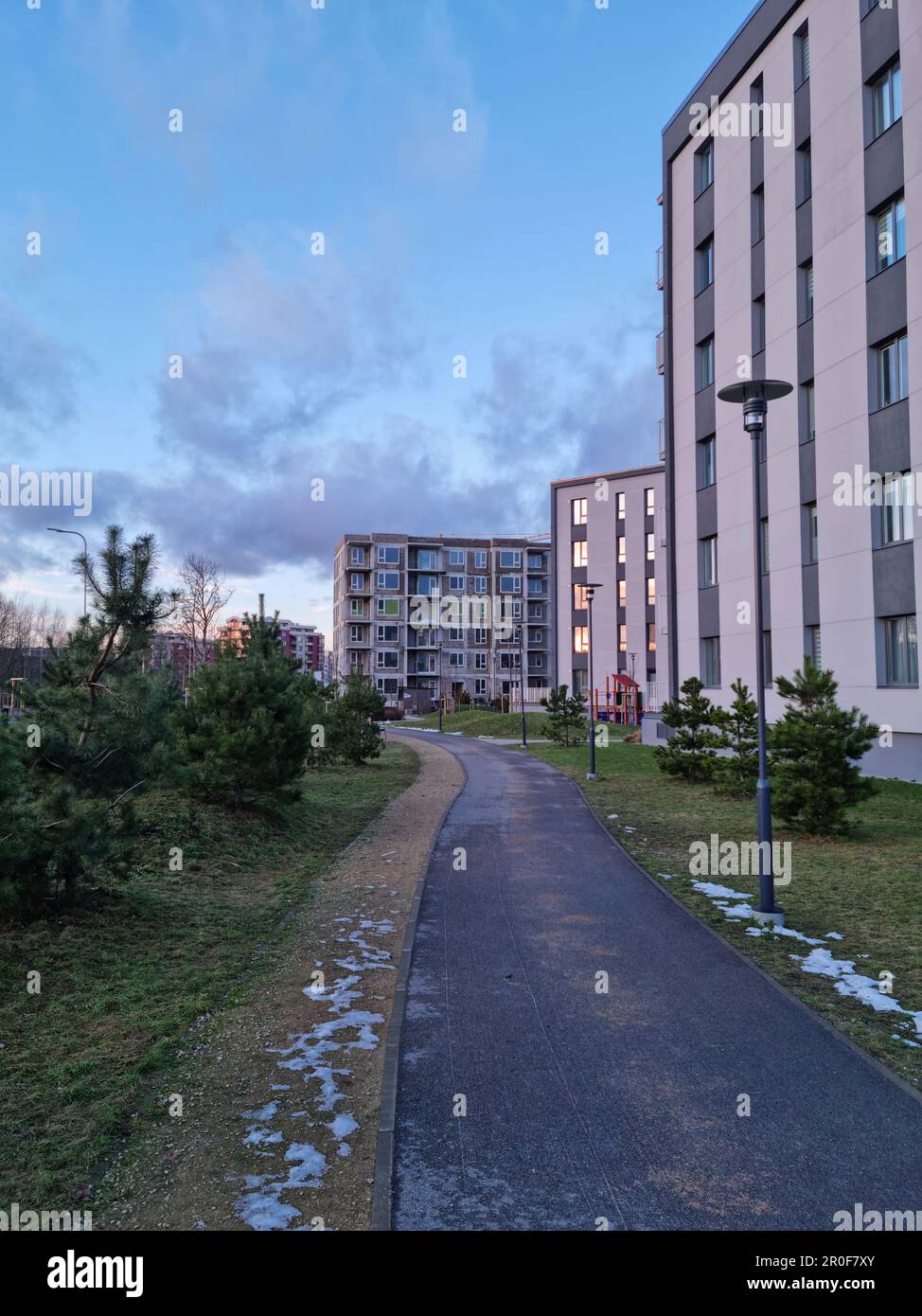 Luxury neighborhood with multistorey buildings. Downtown apartments ...