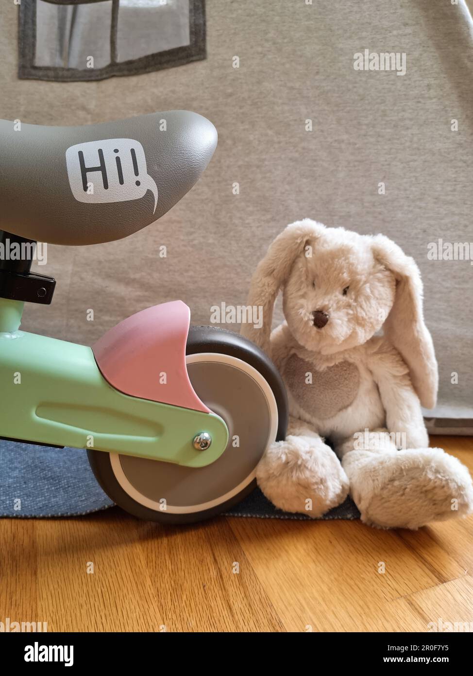Balance bike wheel and a toy. Bunny rabbit toy and a toddlers bike ...