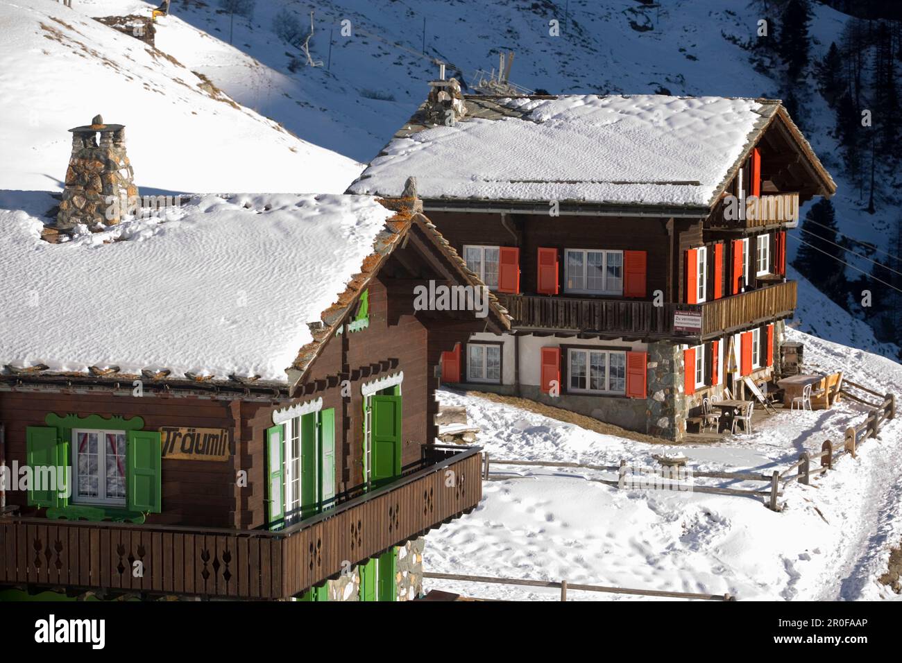 Two wooden houses in Findeln, Zermatt, Valais, Switzerland Stock Photo ...
