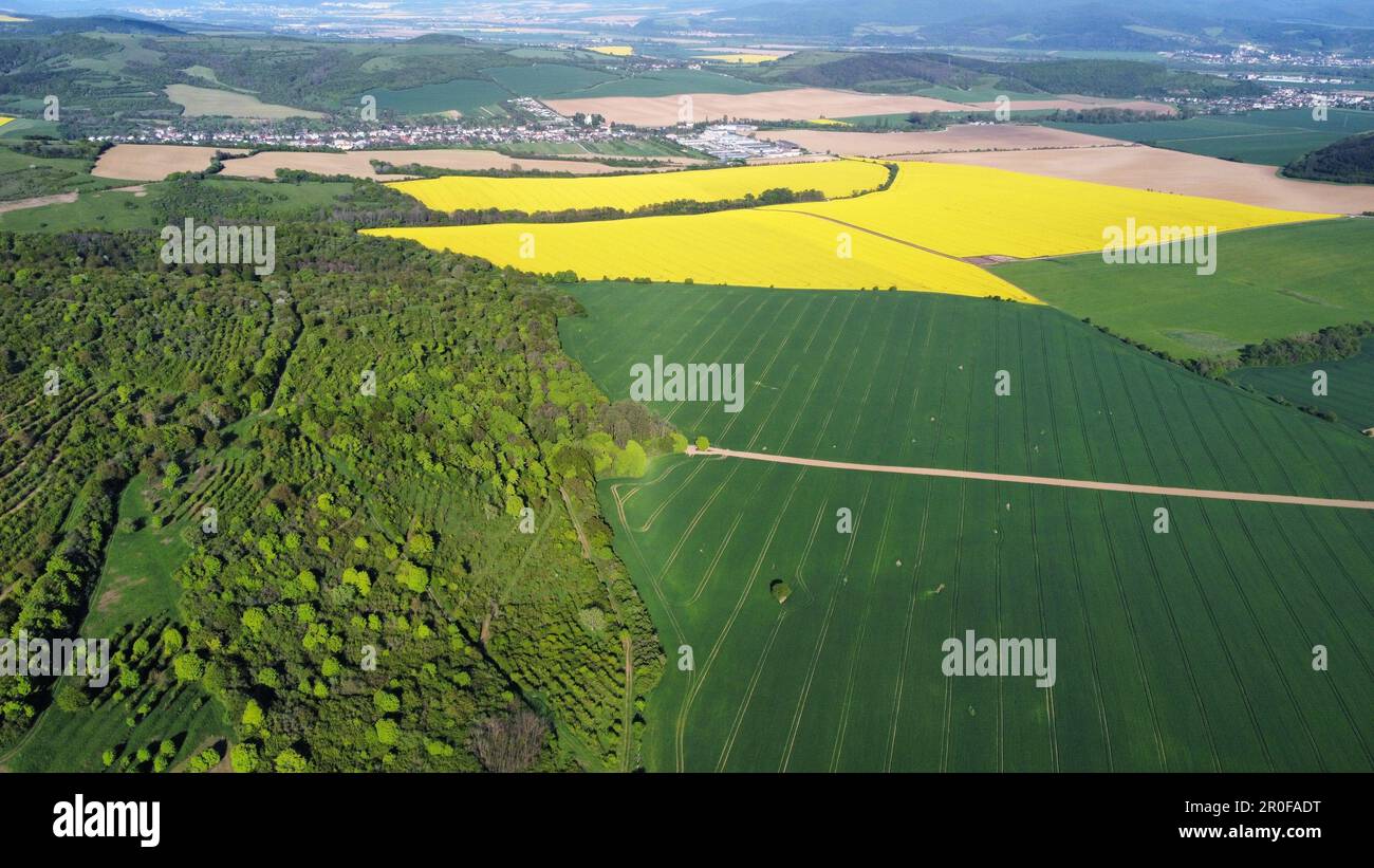 An aerial view of a large farm with cultivated land and crops Stock ...