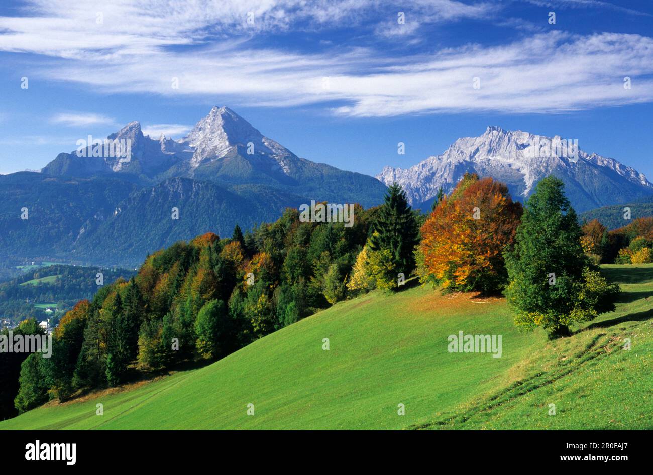 Landscape with autumn colours and view to Watzmann and Hochkalter ...