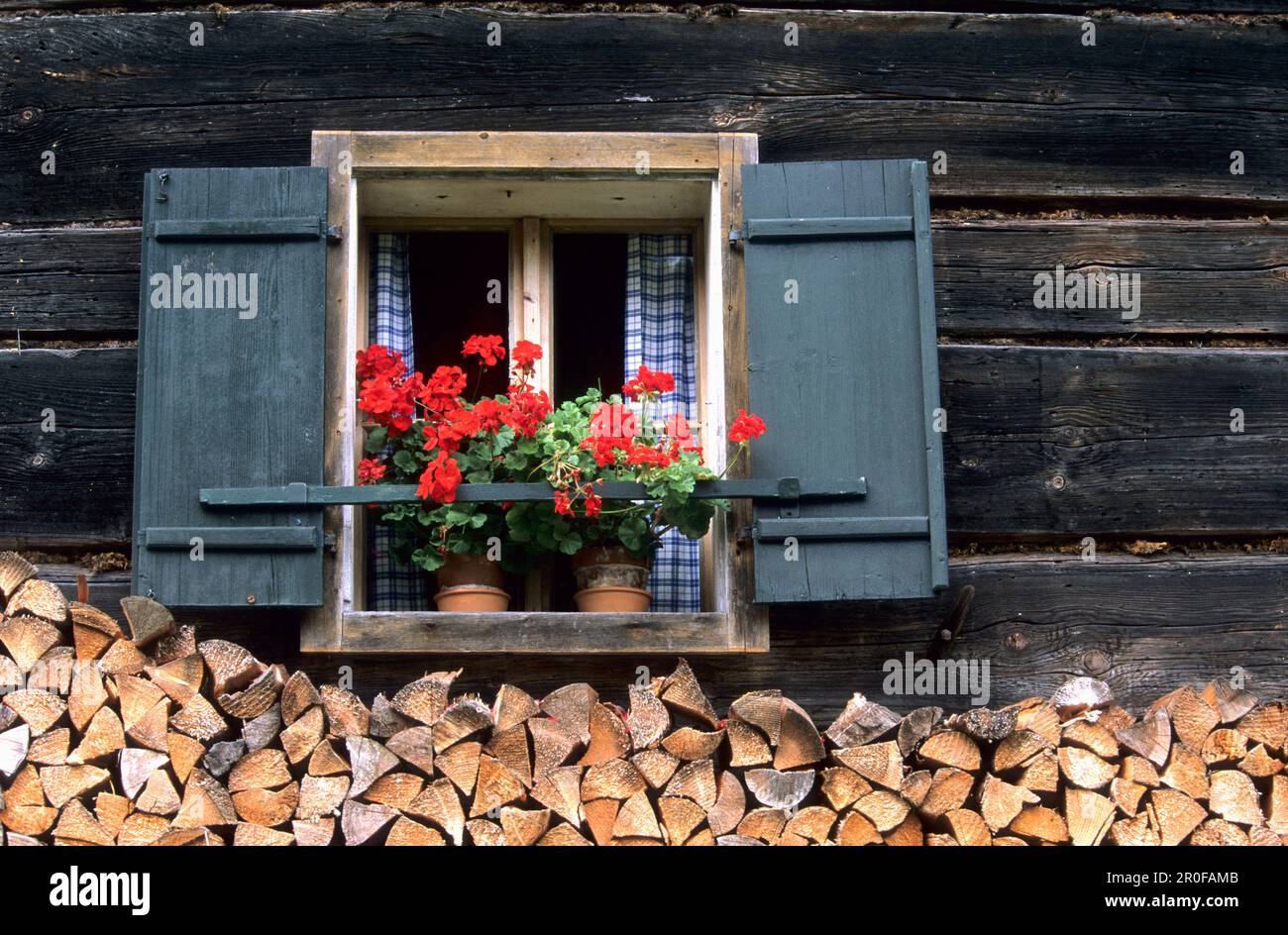 Window of a farmhouse with geraniums and wood pile, Gosau, Upper ...