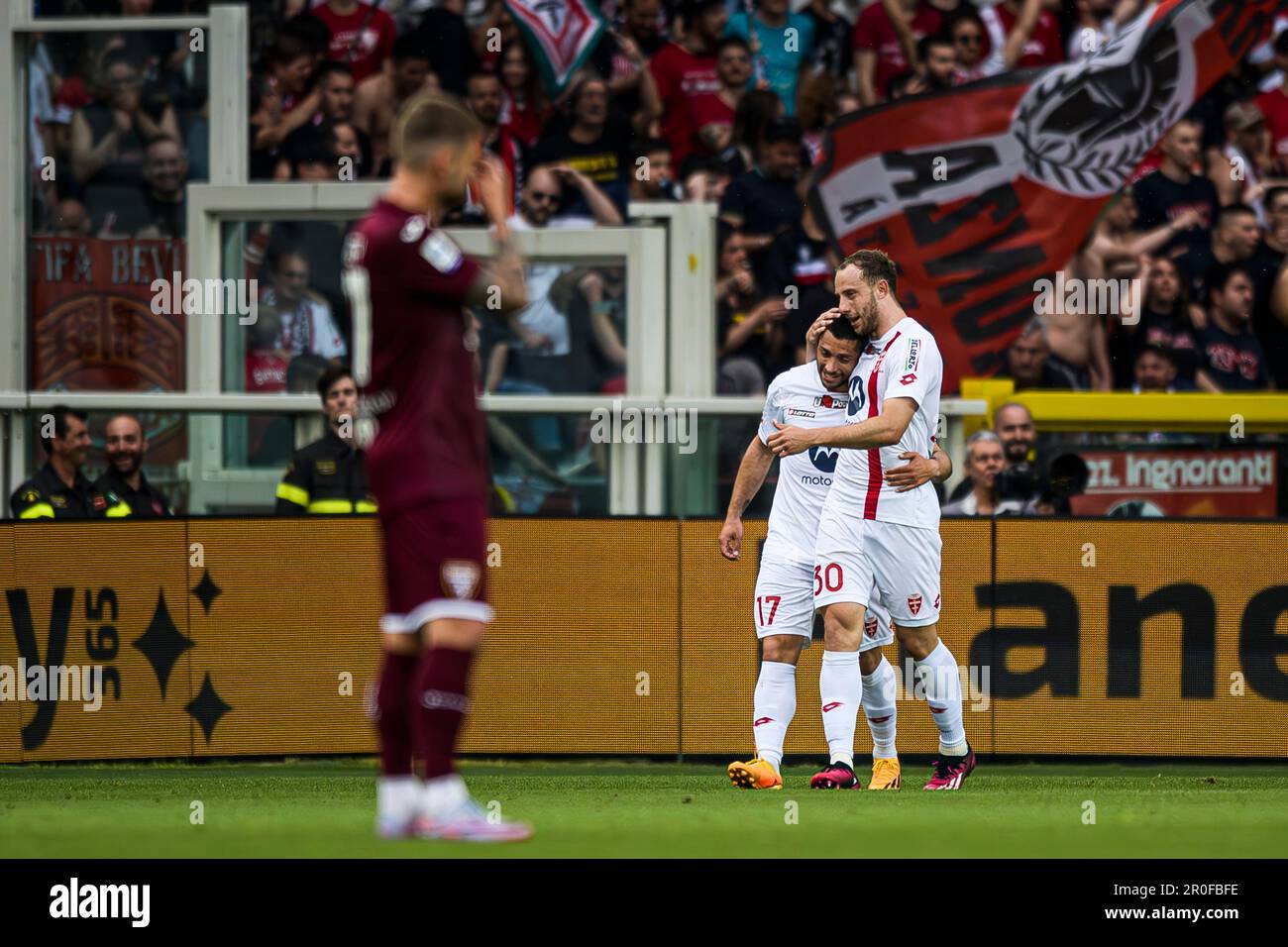 Turin, Italy. 8 May 2023. Gianluca Caprari of AC Monza celebrates with ...