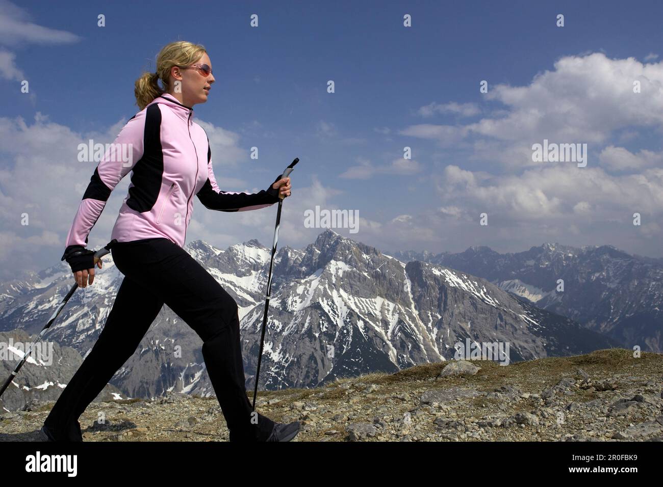 Woman nordic walking, Karwendel, Mittenwald, Bavaria, Germany Stock ...