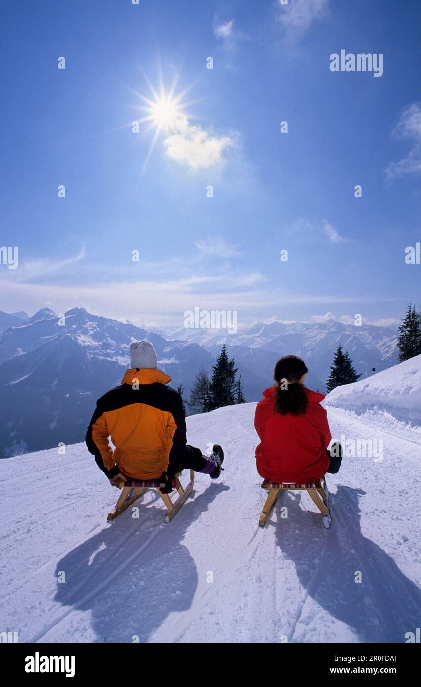 Two persons sledging on toboggan-run Bramberg, Wildkogel, Neukirchen ...