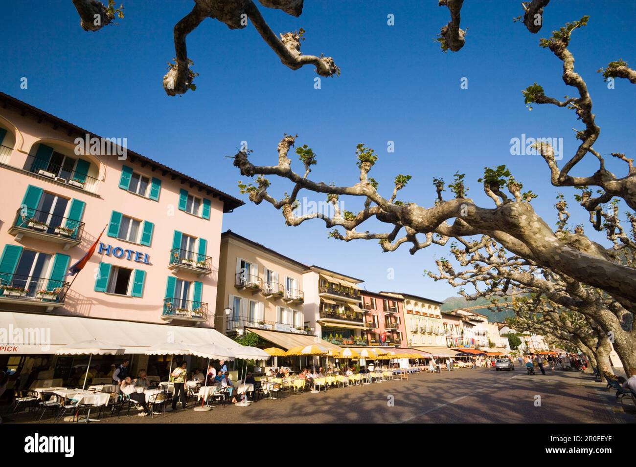 People on the harbour promenade with pavement cafes and Hotel Mövenpick ...