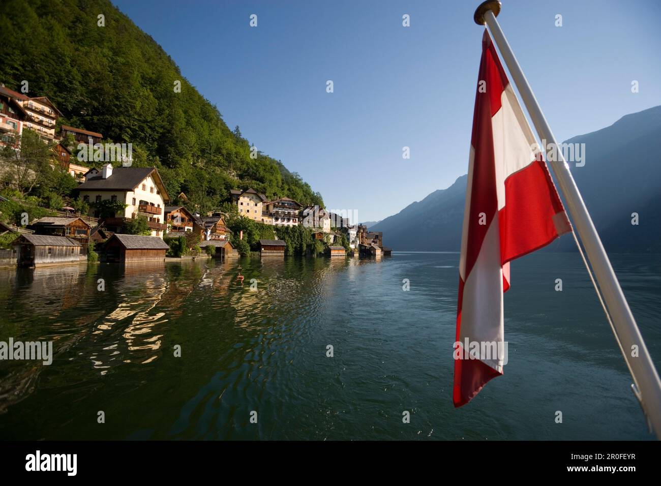 Austrian flag at stern of a ship on Lake Hallstatt, Hallstatt in ...
