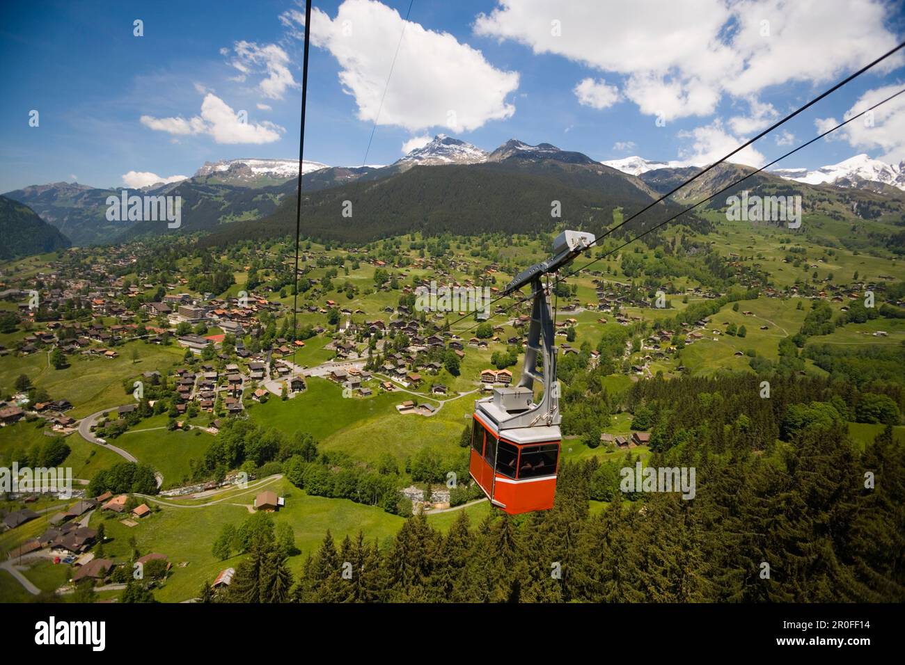 Cabin of the cable car Pfingsteggbahn and view over valley, Grindelwald ...