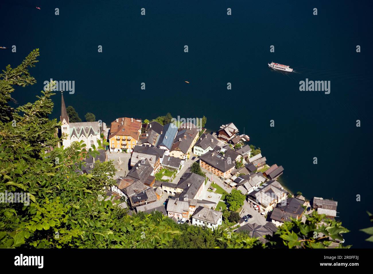 Aerial shot of Hallstatt with Protestant church, Hallstatt ...