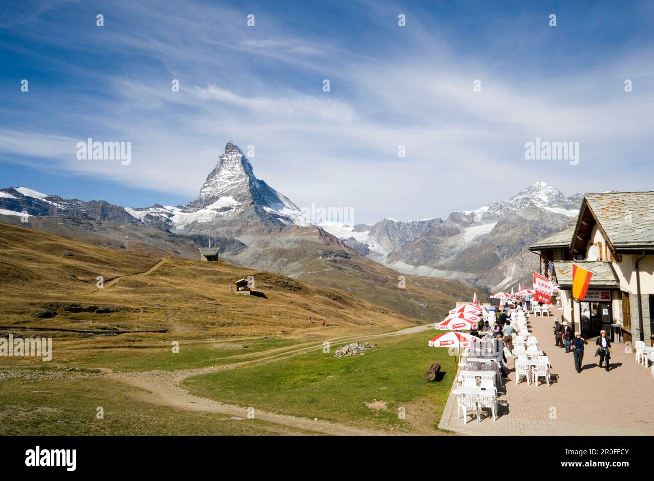 View on terrace of the mountain restaurant Riffelberg (station of the ...