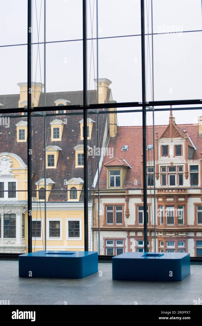 View out of a window of the museum of Visual arts to Fregehaus, Leipzig ...