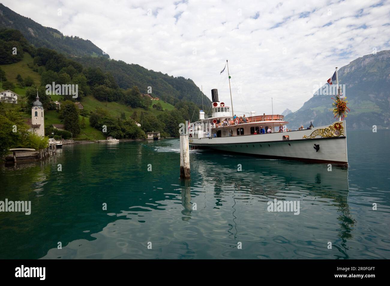 Paddle wheel steamer DS Gallia on lake Urnersee, part of Lake Lucerne ...