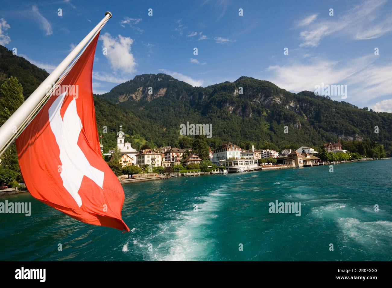 Paddle steamer leaving Vitznau at Lake Lucerne, Canton of Lucerne ...