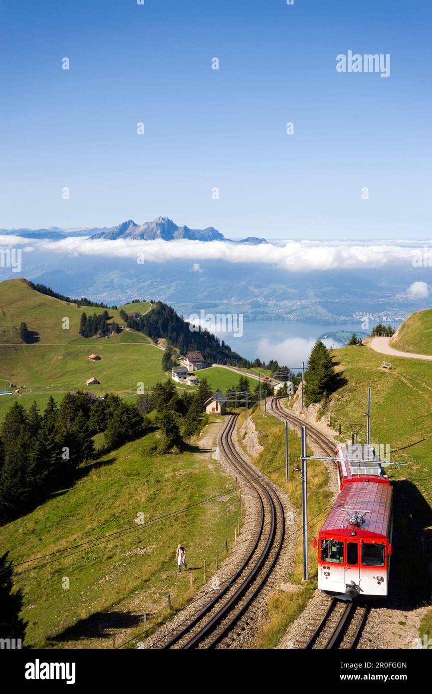 View over Rigi Kulm (1797 m) with rack railway Vitznau Rigi Bahn, the ...