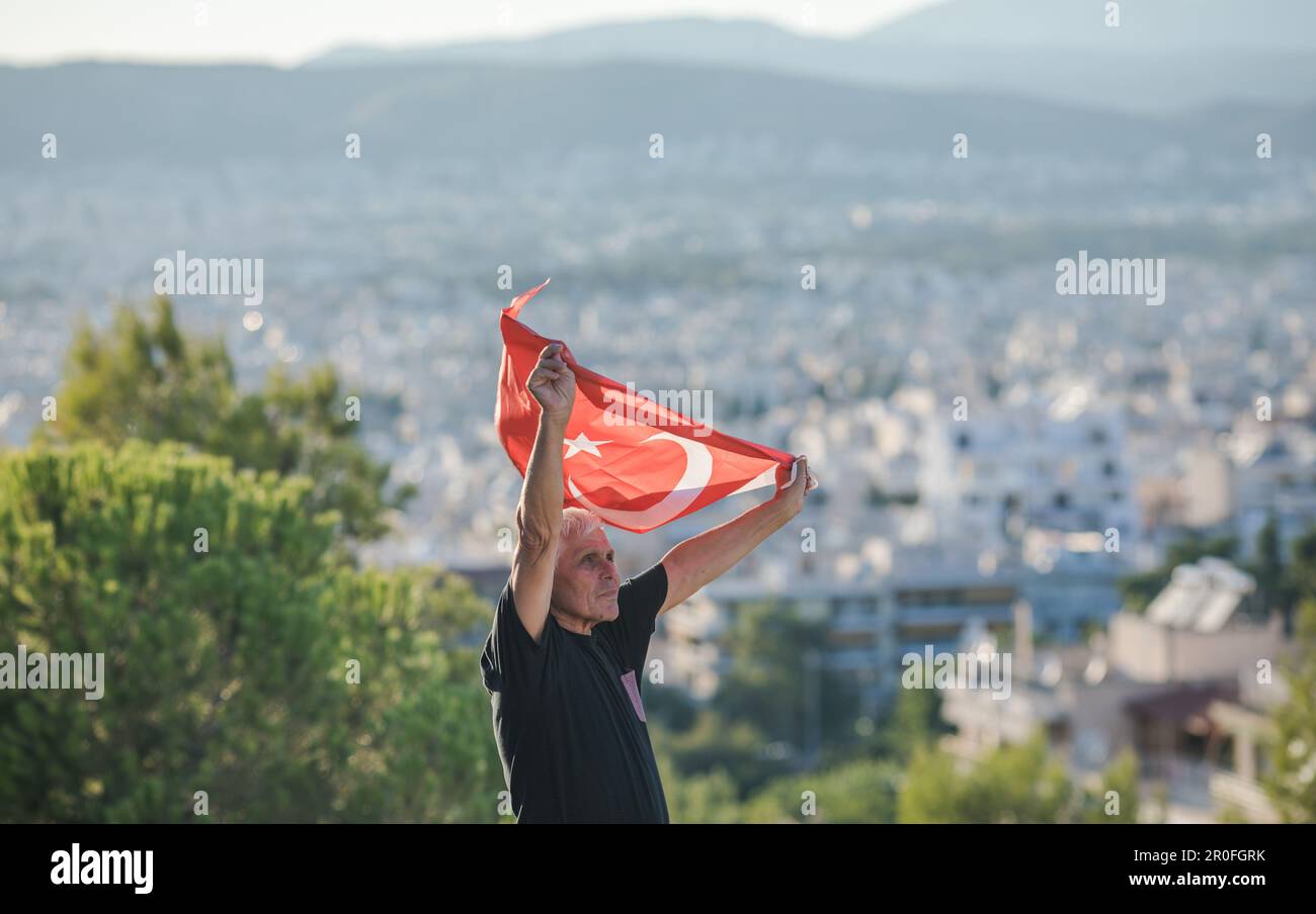 Patriotic senior man celebrates Turkish independence day with a ...