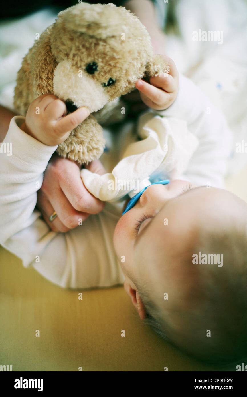 Baby playing with teddy bear Stock Photo - Alamy