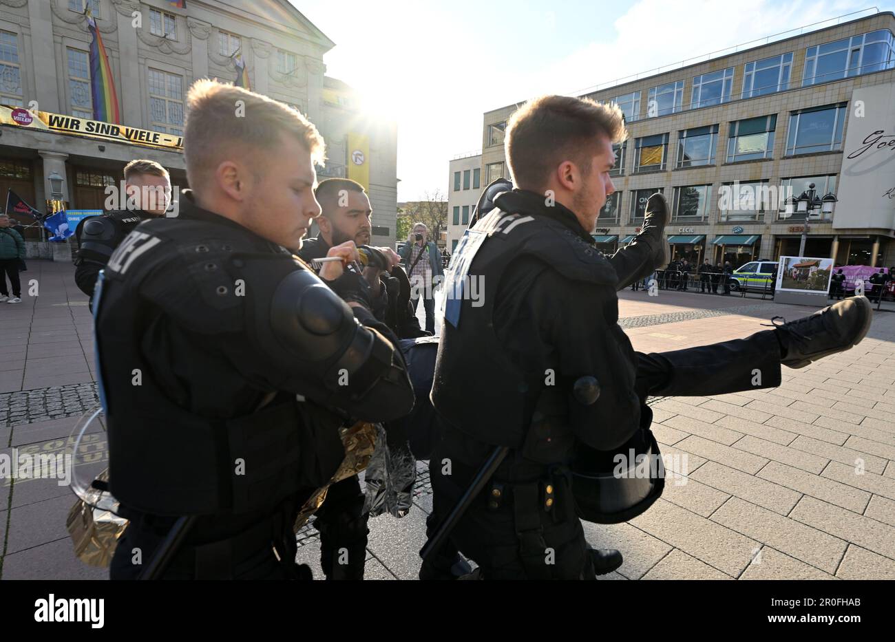 Weimar, Germany. 08th May, 2023. Police officers carry a counter ...