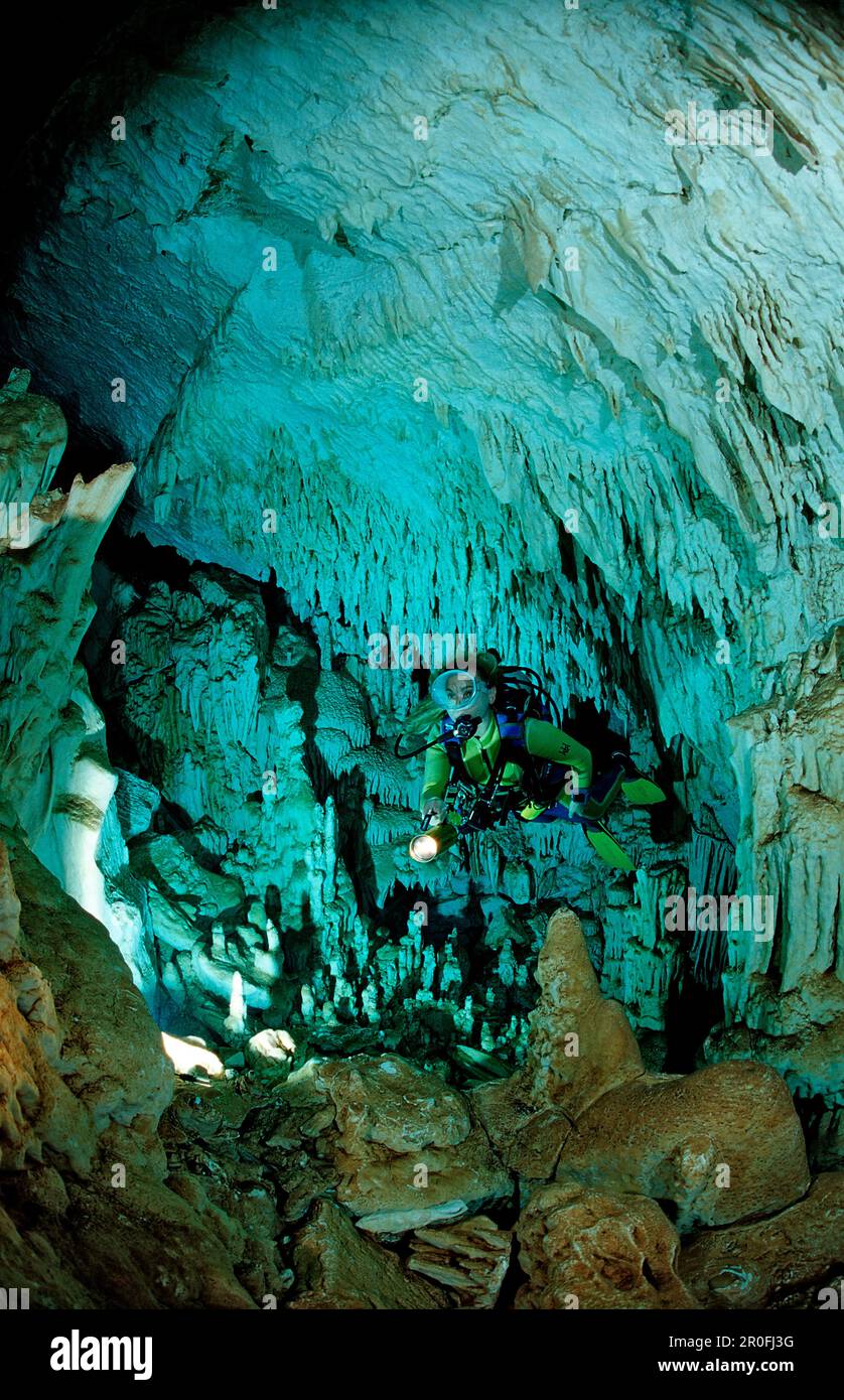 Scuba diver in underwater cave Cueva Taina, Punta Cana, Freshwater ...