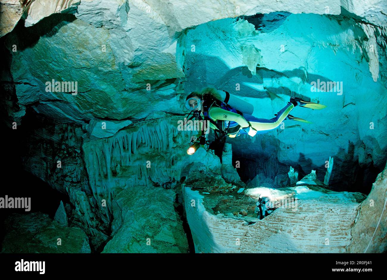Scuba diver in underwater cave Cueva Taina, Punta Cana, Freshwater ...