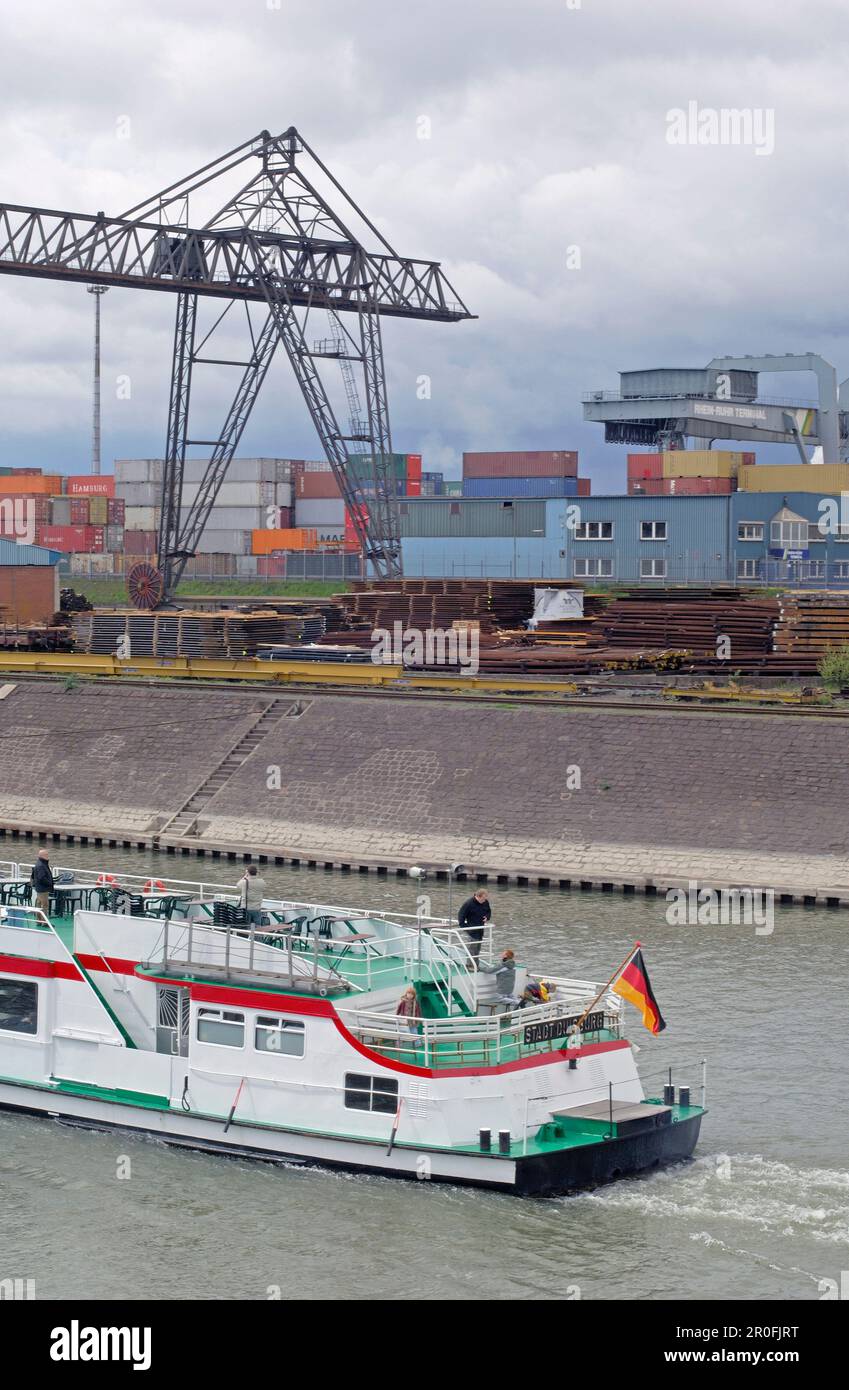Excursion boat passing, container harbor, Ruhrort, Duisburg, North ...