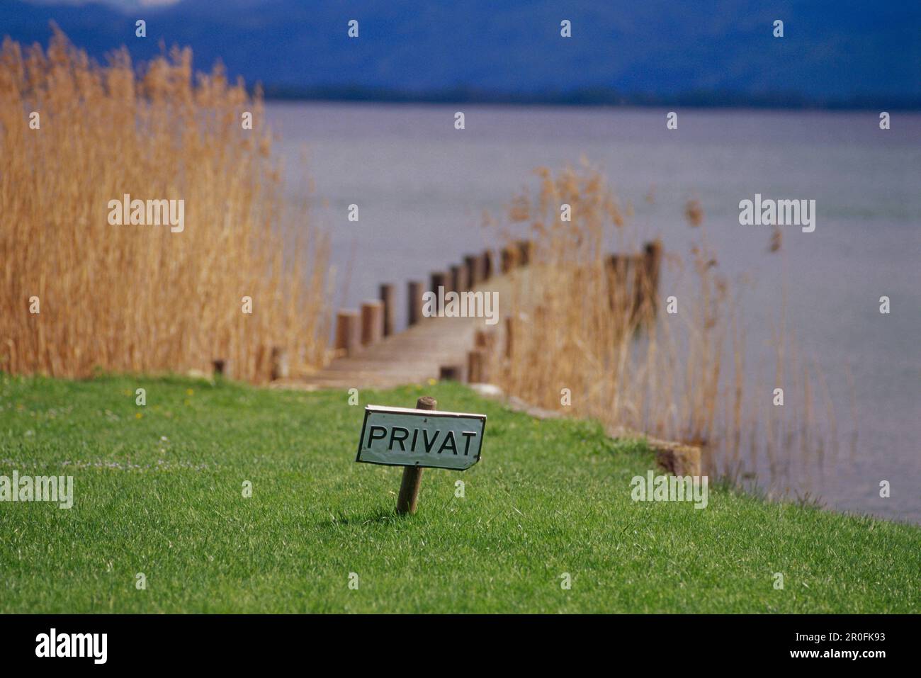 Private footbridge at Lake Chiem, Gstadt, Chiemgau, Bavaria, Germany ...