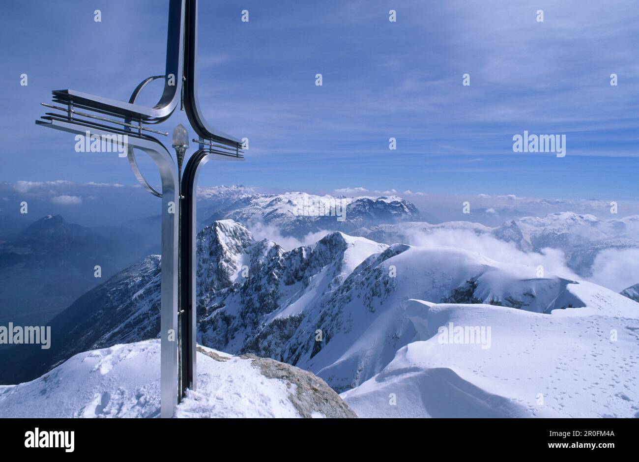 Summit cross on mount Hoher Goell, view to Tennen Range and Dachstein ...