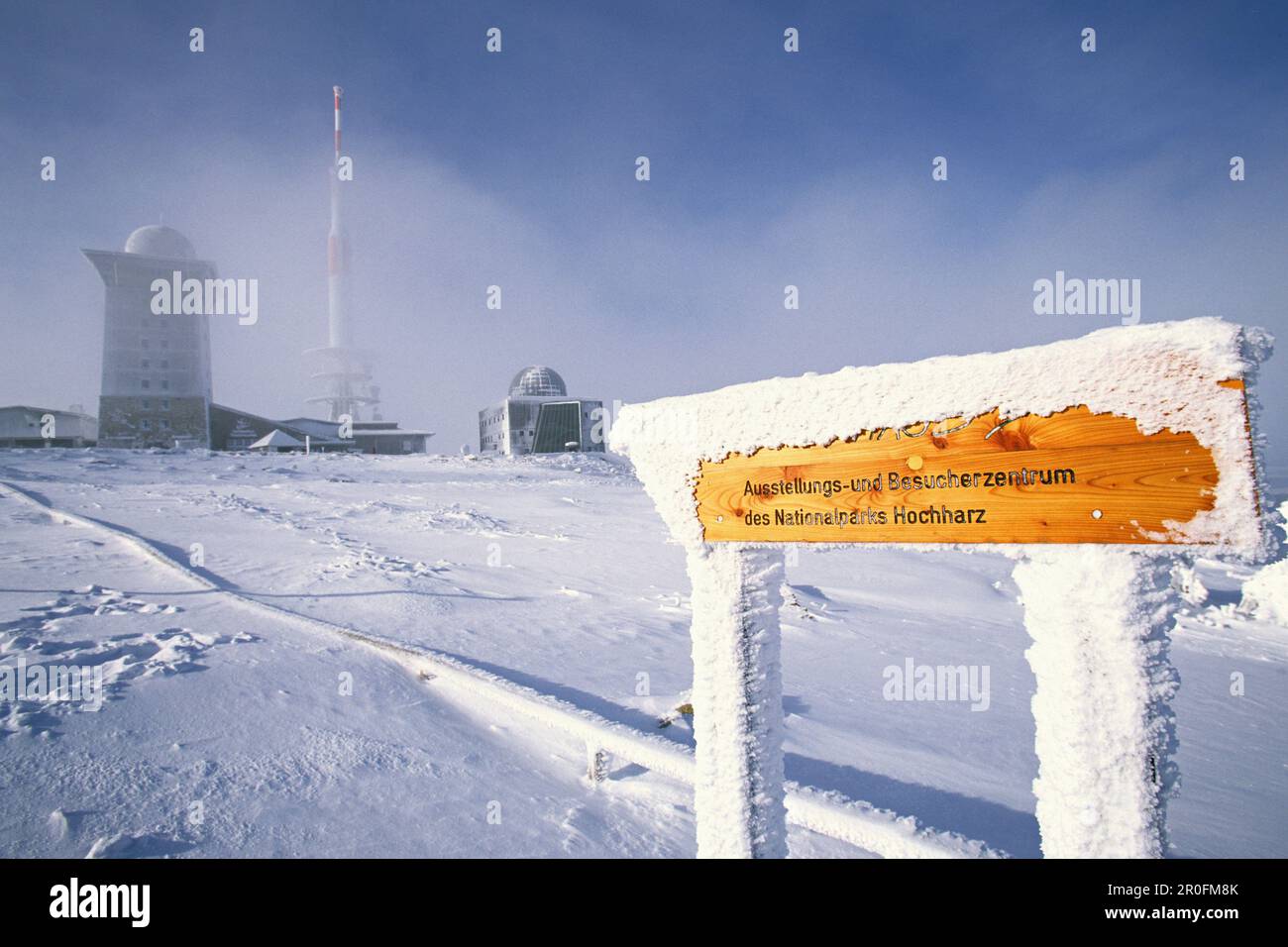 Snow covered sign post on Brocken summit, Schierke, Harz Mountains ...
