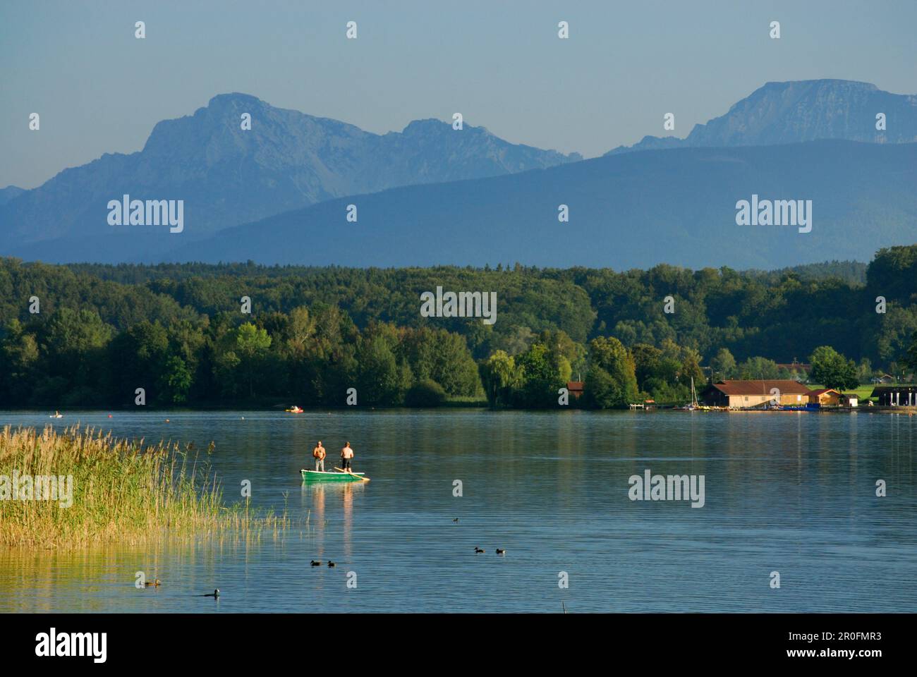 Two men fishing on lake Waginger See, Rupertiwinkel, Upper Bavaria ...