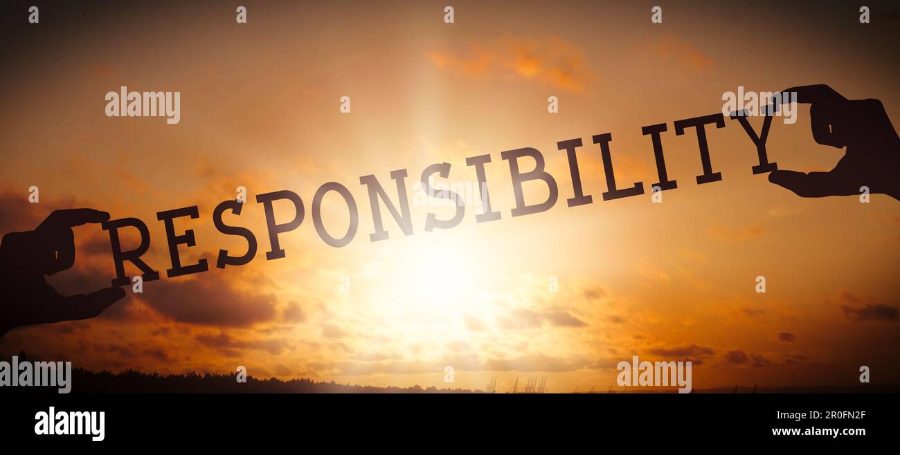 Responsibility - human hands holding black silhouette word Stock Photo ...