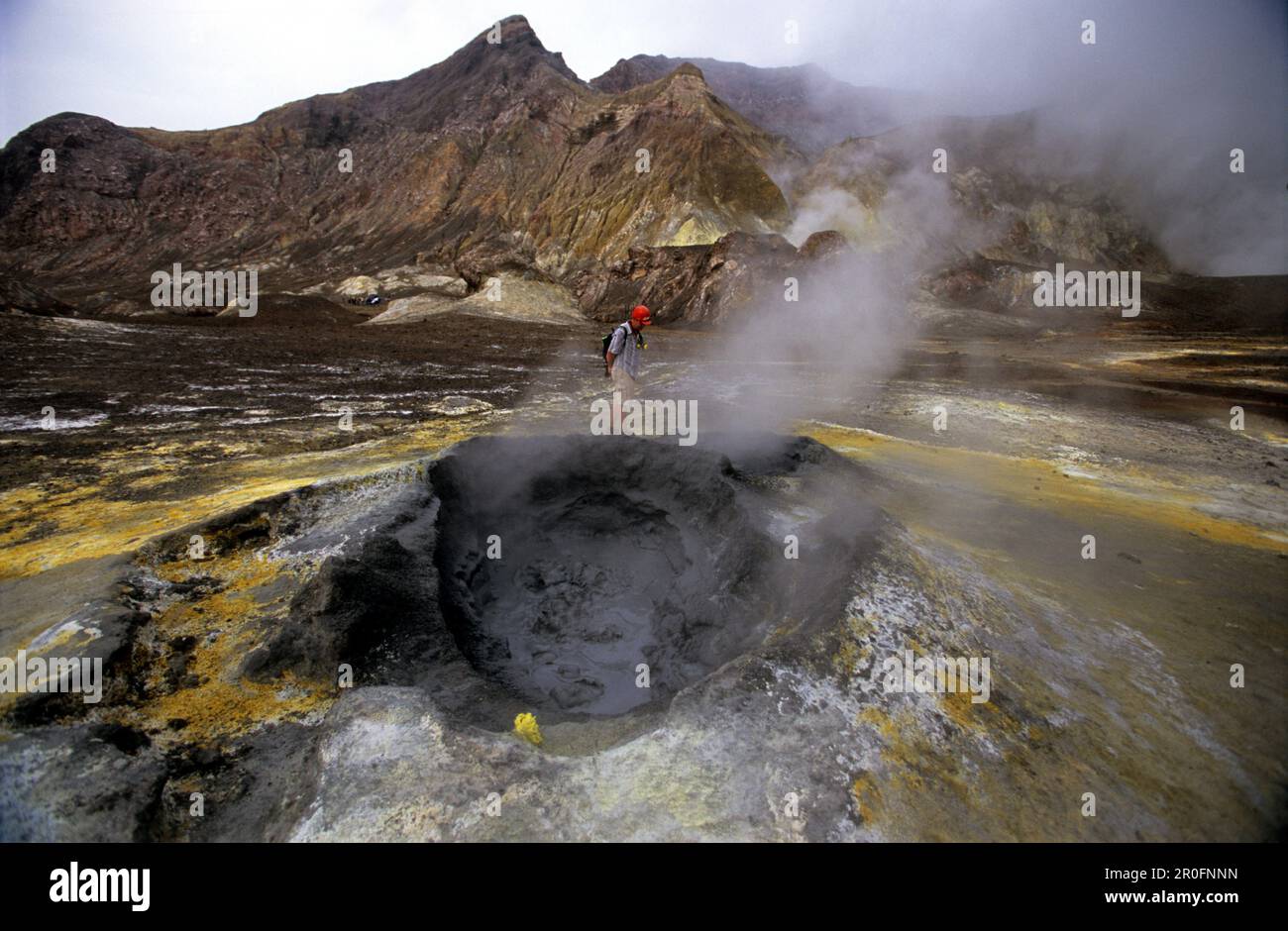 Tourist looking at boiling hot mud on White Island, North Island, New ...
