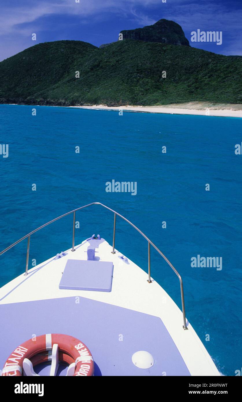 Nose of a boat with lifesaver in front of Lord Howe Island, Australia ...
