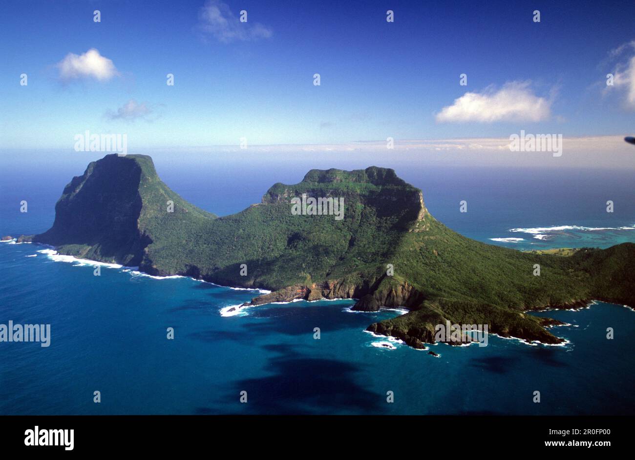 Aerial view of Mt. Gower and Mt. Lidgbird, Lord Howe Island, Australia ...