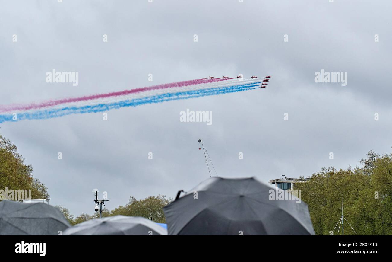 Red Arrows aerial display team of the Royal Air Force fly over Hyde ...