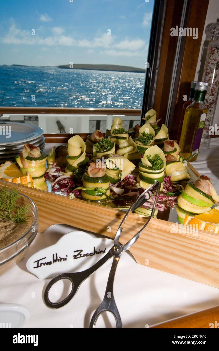 Delicious food on board the yacht Hanse Explorer, cold buffet with ...
