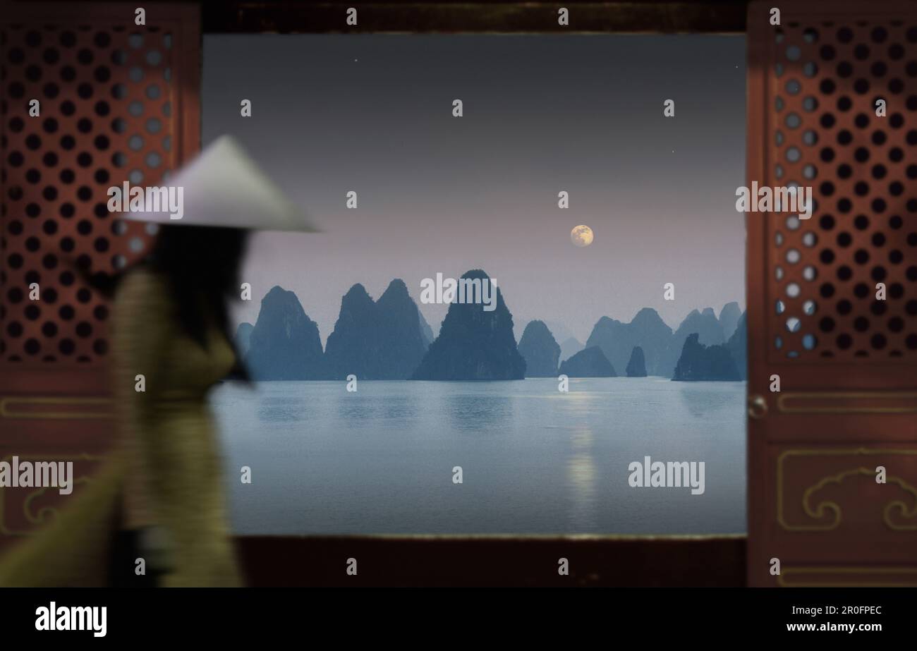View from a Chinese junk, Chinese woman walking by, Halong Bay, Halong ...