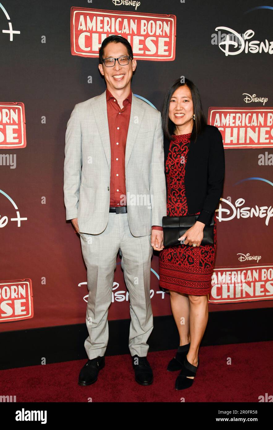 Gene Luen Yang, left, and wife Theresa Yang attend the premiere of the ...
