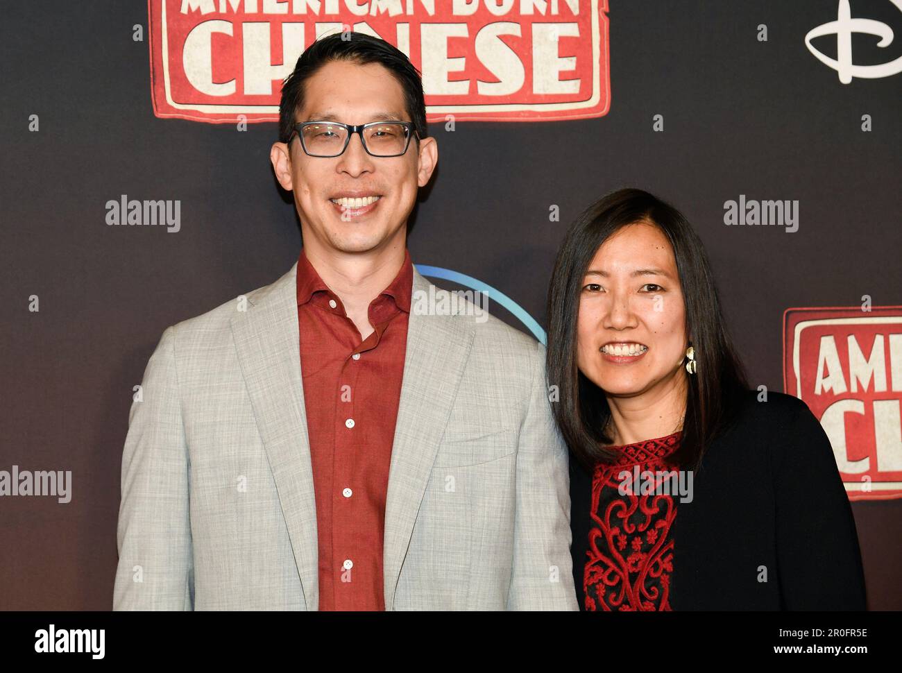 Gene Luen Yang, left, and wife Theresa Yang attend the premiere of the ...