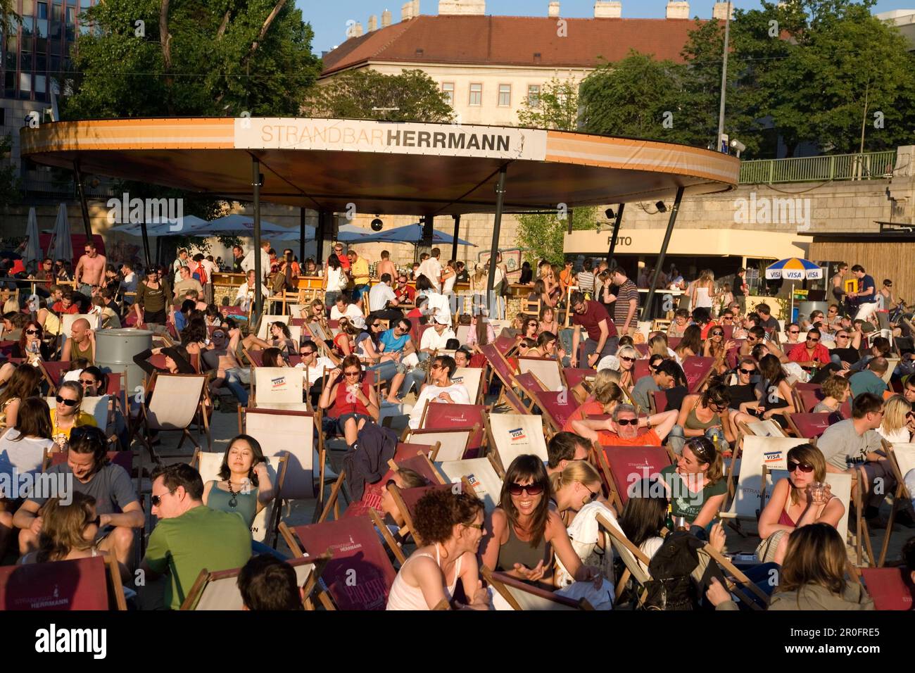 Vienna beach bar Herrmann at Donau riverside Stock Photo - Alamy