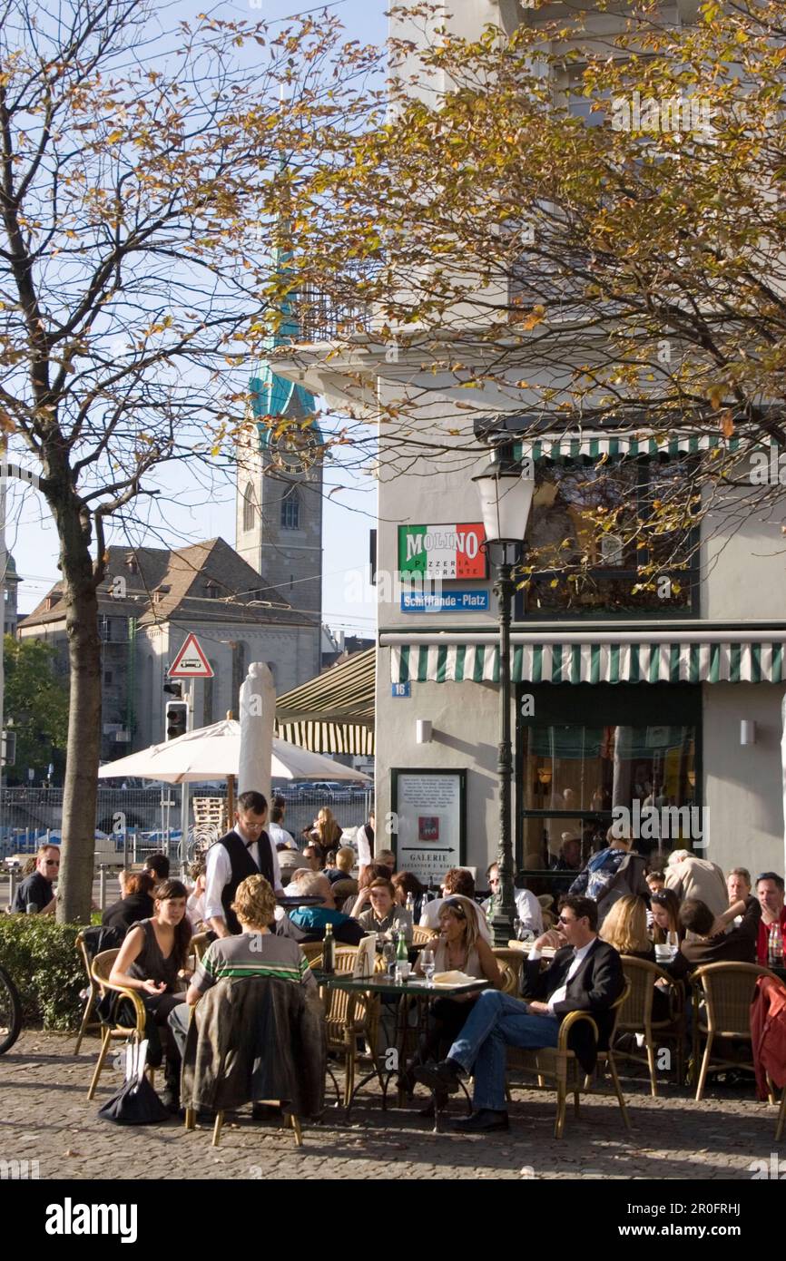 Switzerland,Zurich, Cafe Molino,street cafe, background Fraumunster ...