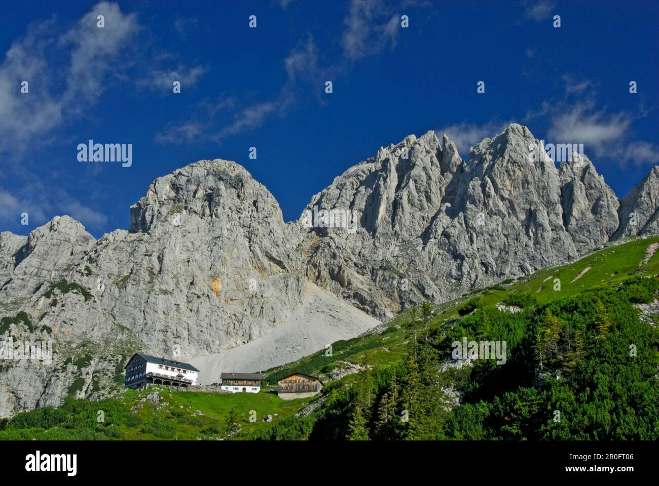 Lodge Gruttenhuette with Kaiserkopf and Ellmauer Halt, Kaiser range ...
