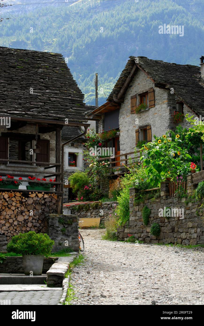 View along village street, Sonogno, Valle Verzasca, Canton of Ticino ...