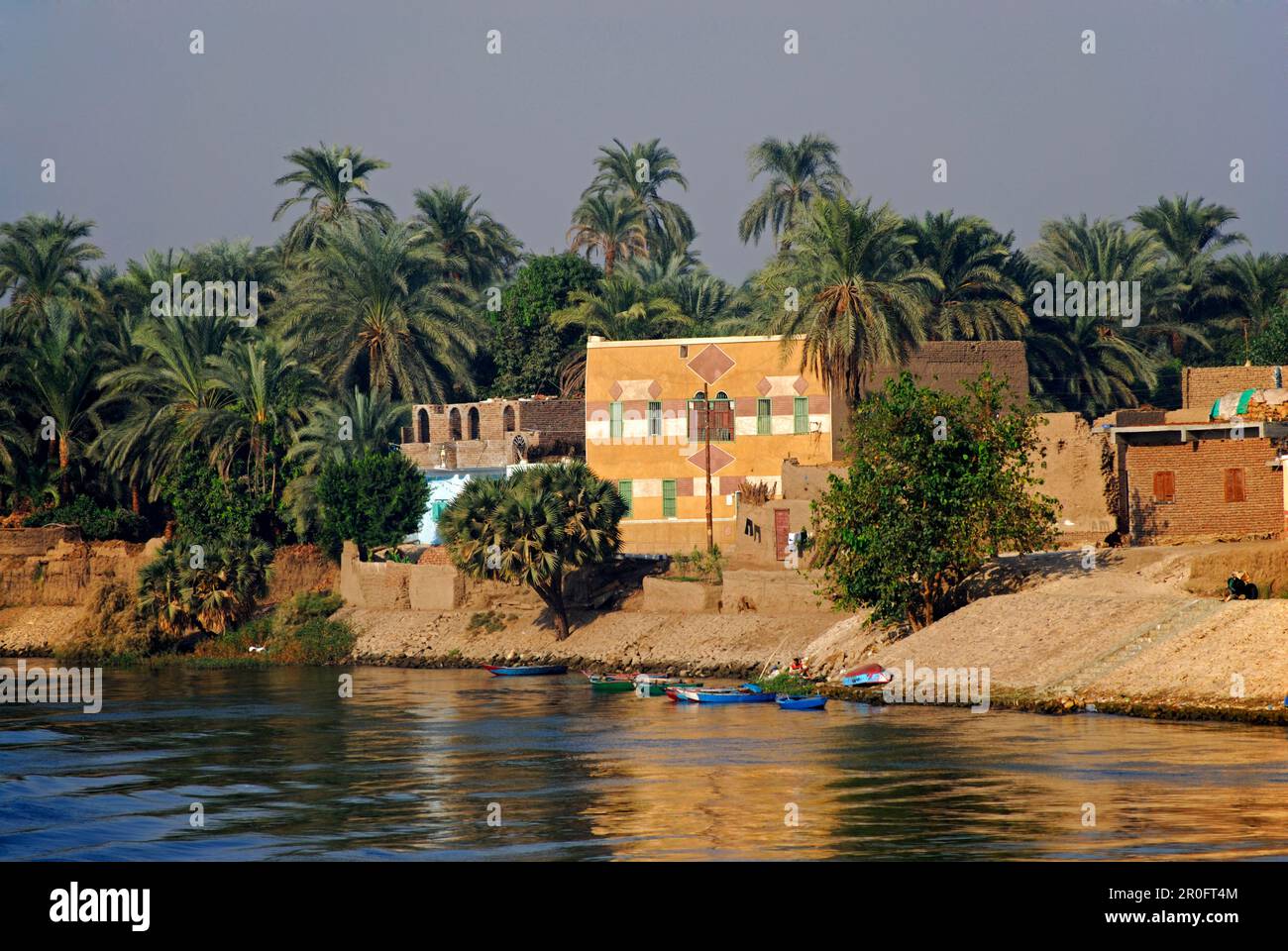 cruise on the Nile, houses and palm trees at bank, Nile between Luxor ...