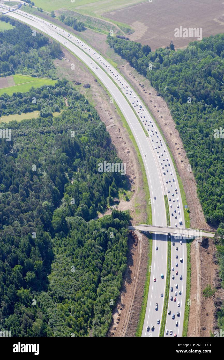 Aerial view of the autobahn 96, motorway from Munich to Lindau, Germany ...