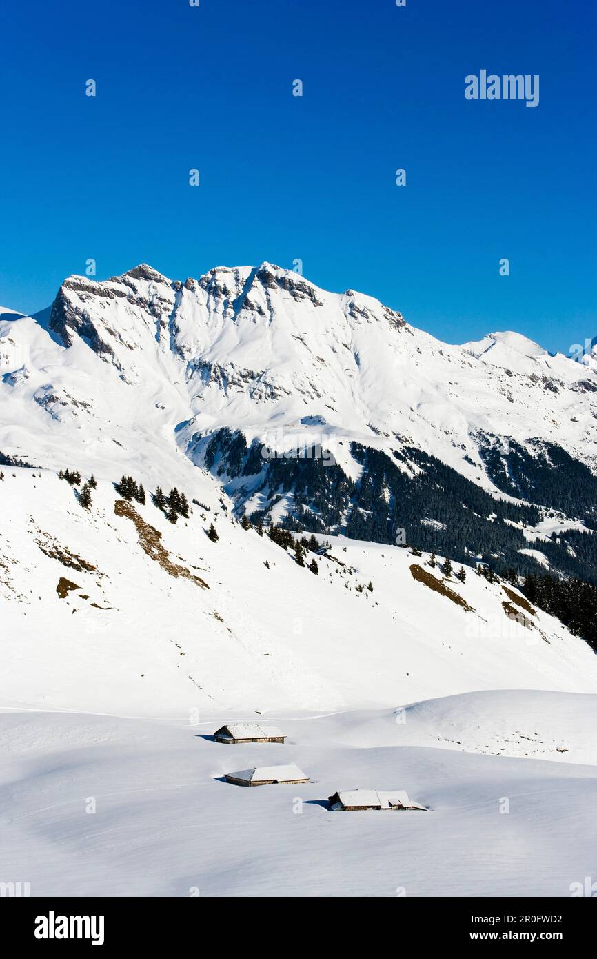 View on snow covered houses from mountain Maennlichen, Grindelwald ...